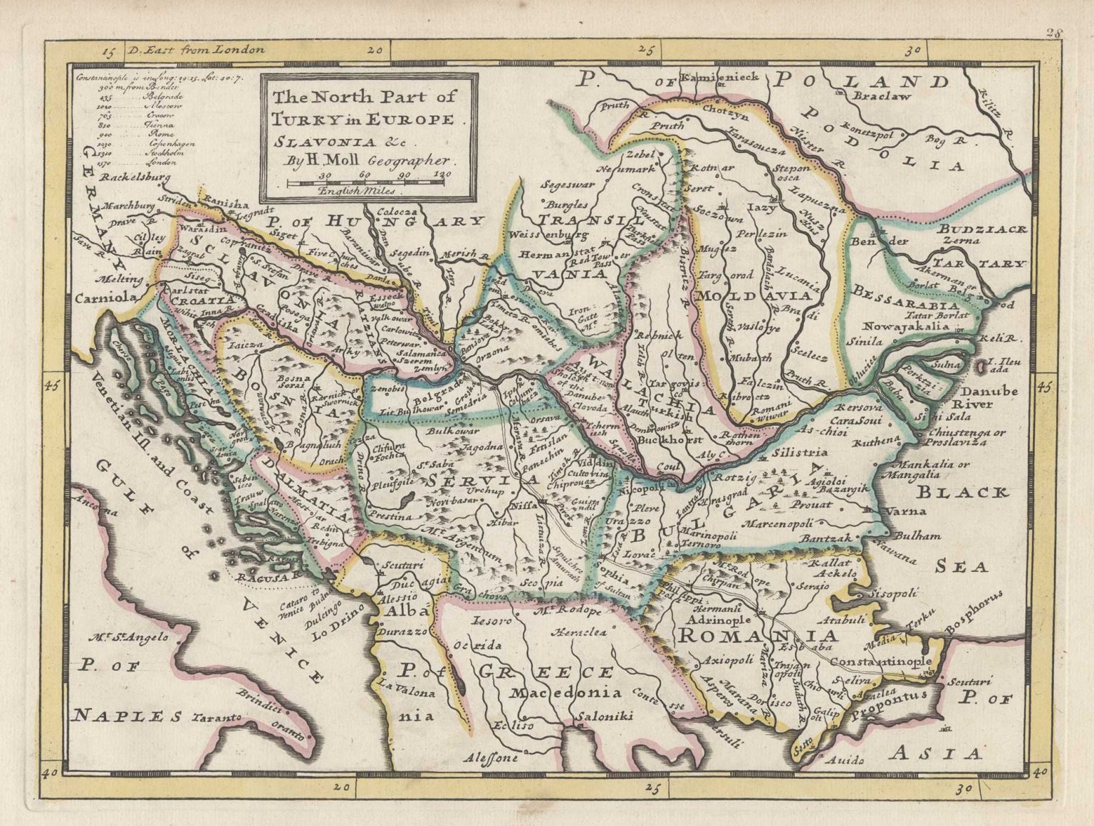 1732 map of the Balkans, Romania and Moldova by Herman Moll - Altea ...