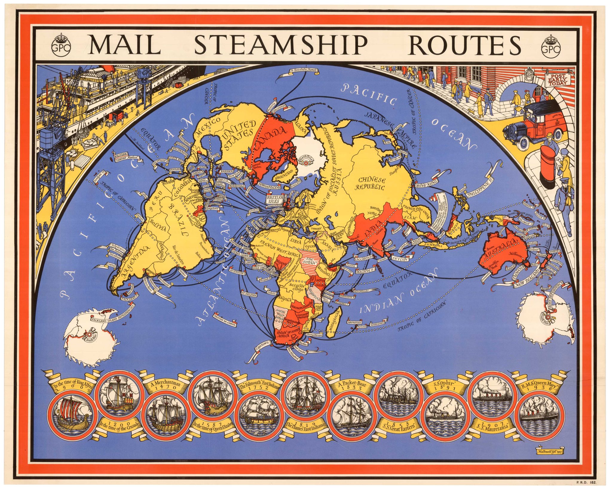 MacDonald Gill's Mail Steamship Routes World map - Altea Gallery ...